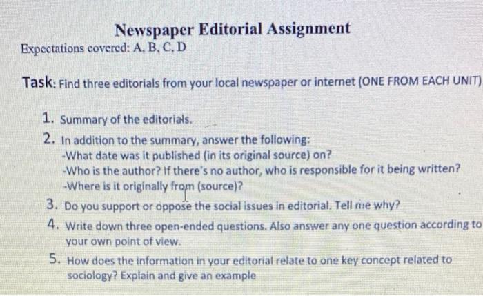 Newspaper Editorial Assignment Expectations covered: | Chegg.com