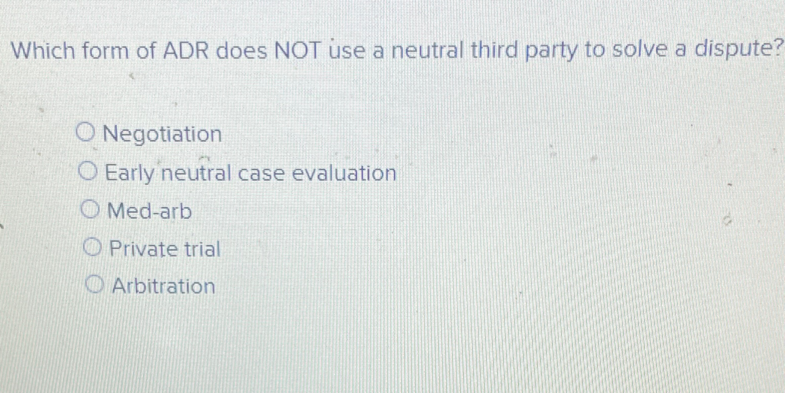 Solved Which form of ADR does NOT ise a neutral third party | Chegg.com
