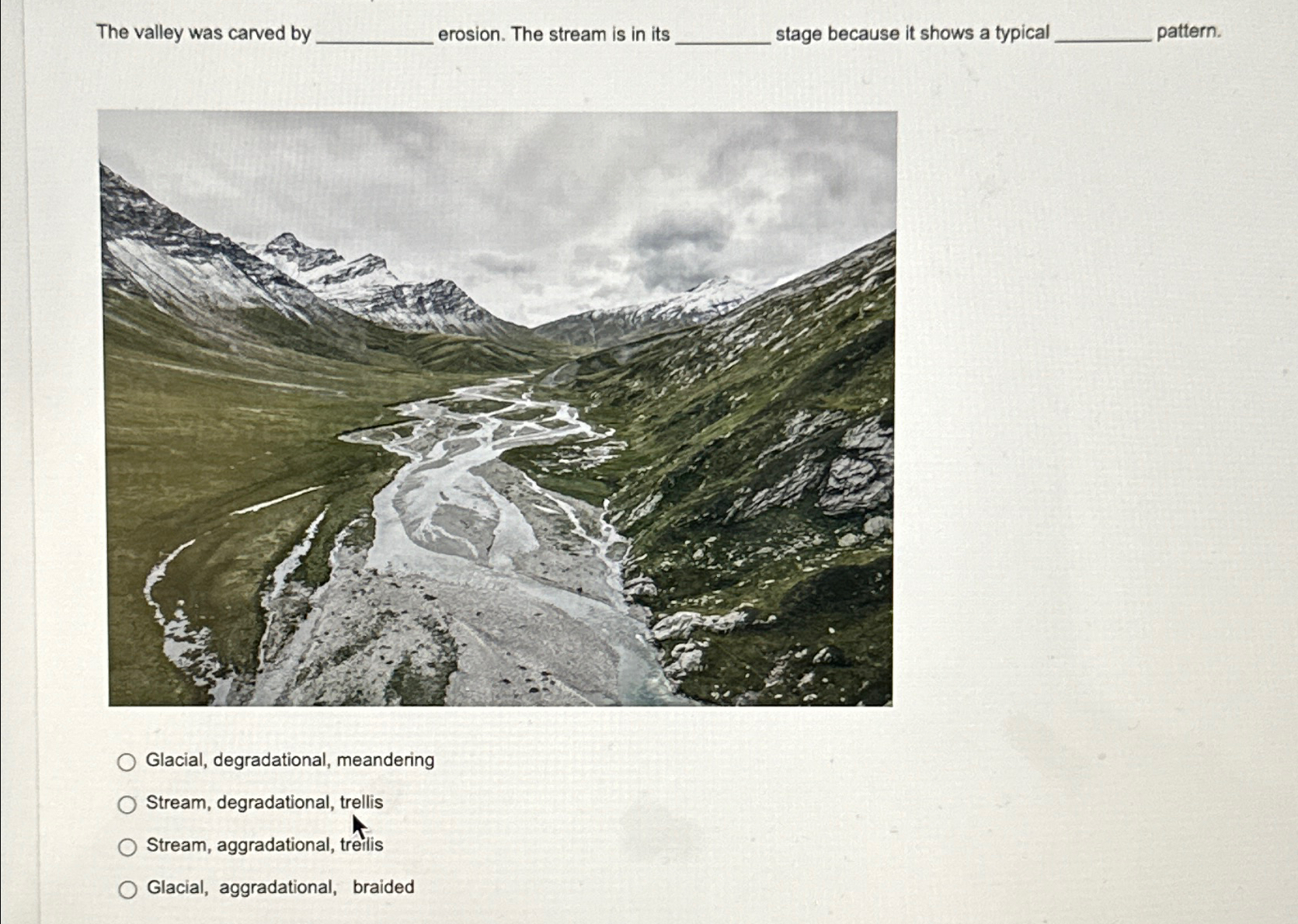 Solved The valley was carved by erosion. The stream is in | Chegg.com