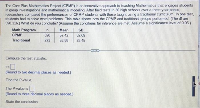 Solved The Core Plus Mathematics Pryoct (CPMP) is an | Chegg.com
