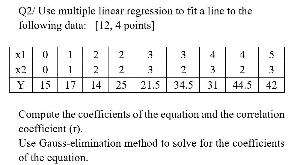 Solved Q2/ Use multiple linear regression to fit a line to | Chegg.com