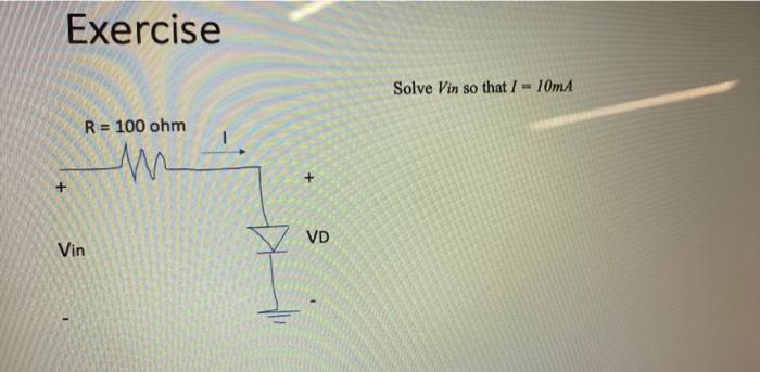 Solved Exercise Solve Vin so that I - 10mA R = 100 ohm + VD | Chegg.com Solved Exercise Solve Vin so that I - 10mA R = 100 ohm + VD | Chegg.com