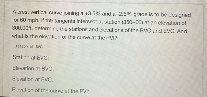 Solved A crest vertical curve joining a +3.5% and a -2.5% | Chegg.com