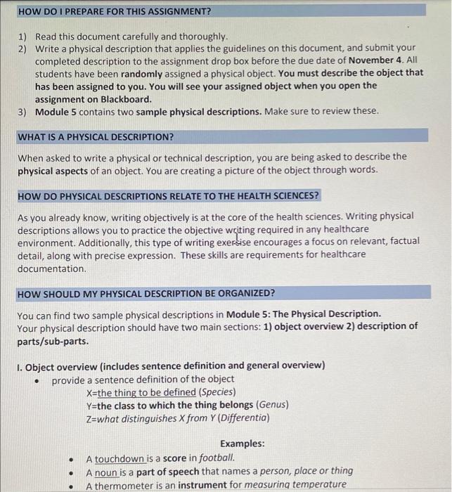 PHYSICAL DESCRIPTION ASSIGNMENT basically you have to | Chegg.com