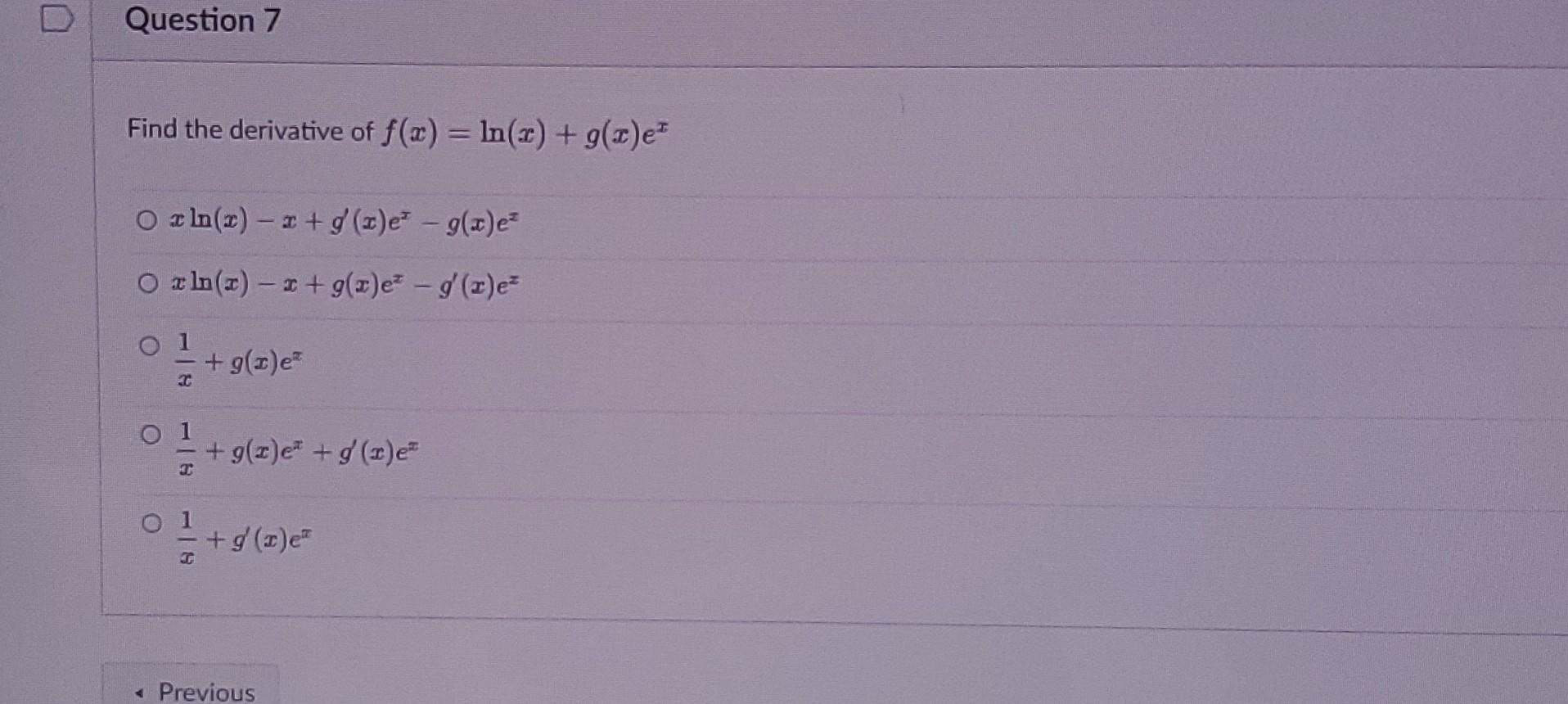 Solved d the derivative of f(x)=ln(x)+g(x)ex | Chegg.com