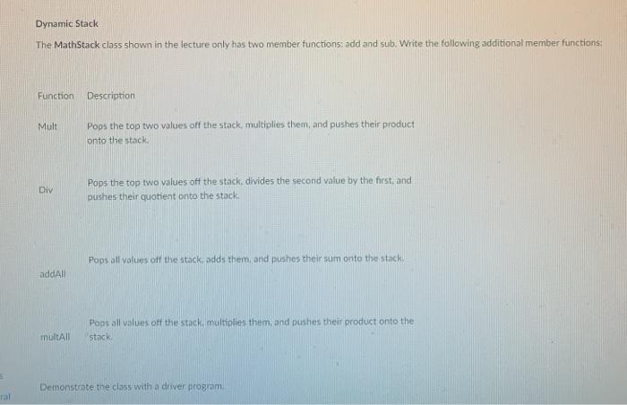 Solved Dynamic Stack The MathStack class shown in the | Chegg.com