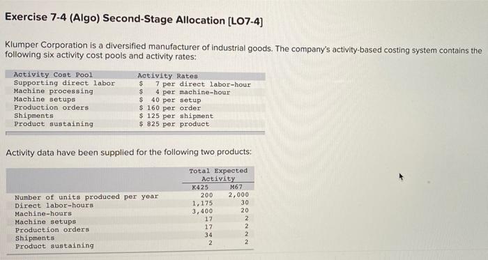 Solved Exercise 7-4 (Algo) Second-Stage Allocation (L07-4] | Chegg.com
