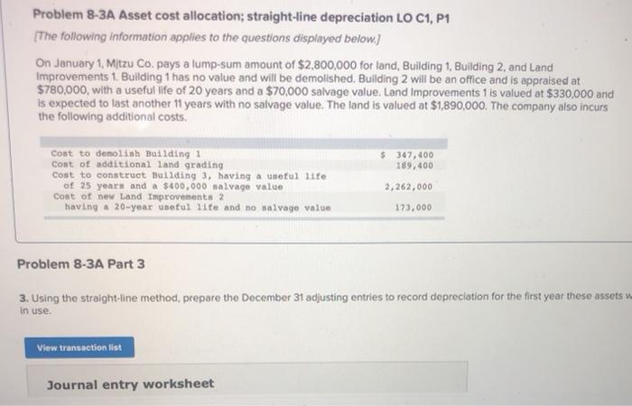 Solved Problem 8-3A Asset cost allocation; straight-line | Chegg.com