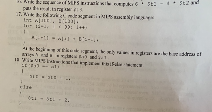 Solved 16. Write the sequence of MIPS instructions that | Chegg.com