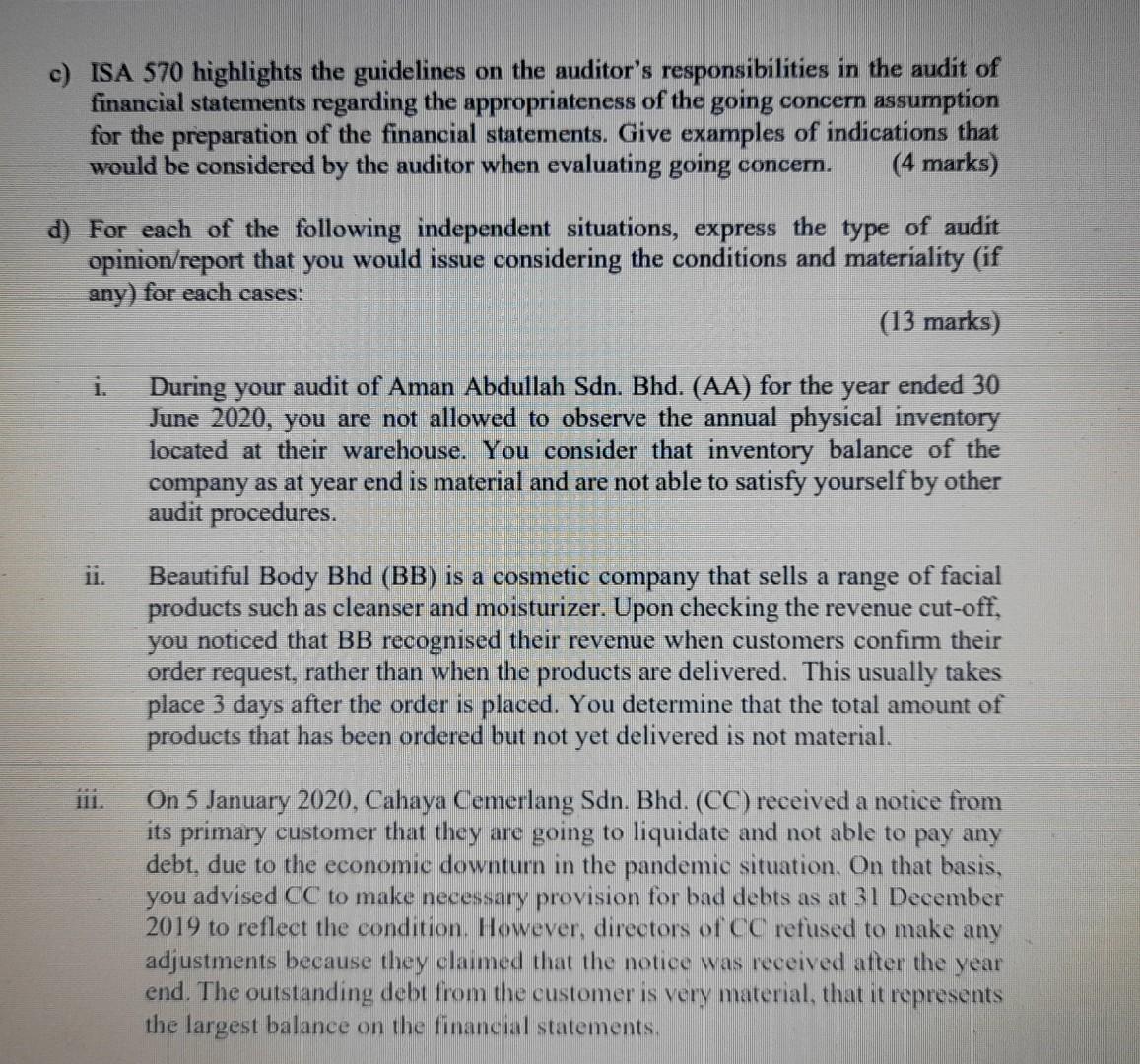 Solved The Intemational Standard of Auditing (ISA) has | Chegg.com