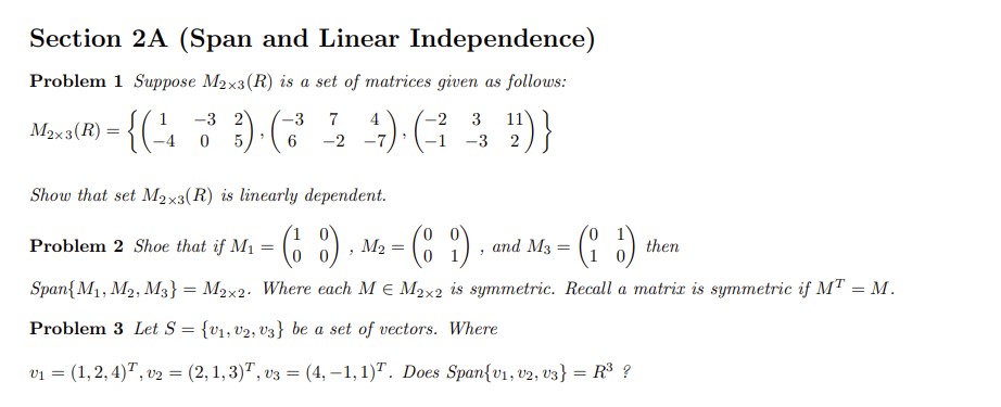 Section 2A (Span and Linear Independence)Problem 1 | Chegg.com