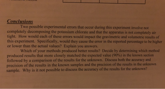 Conclusions Two possible experimental errors that | Chegg.com