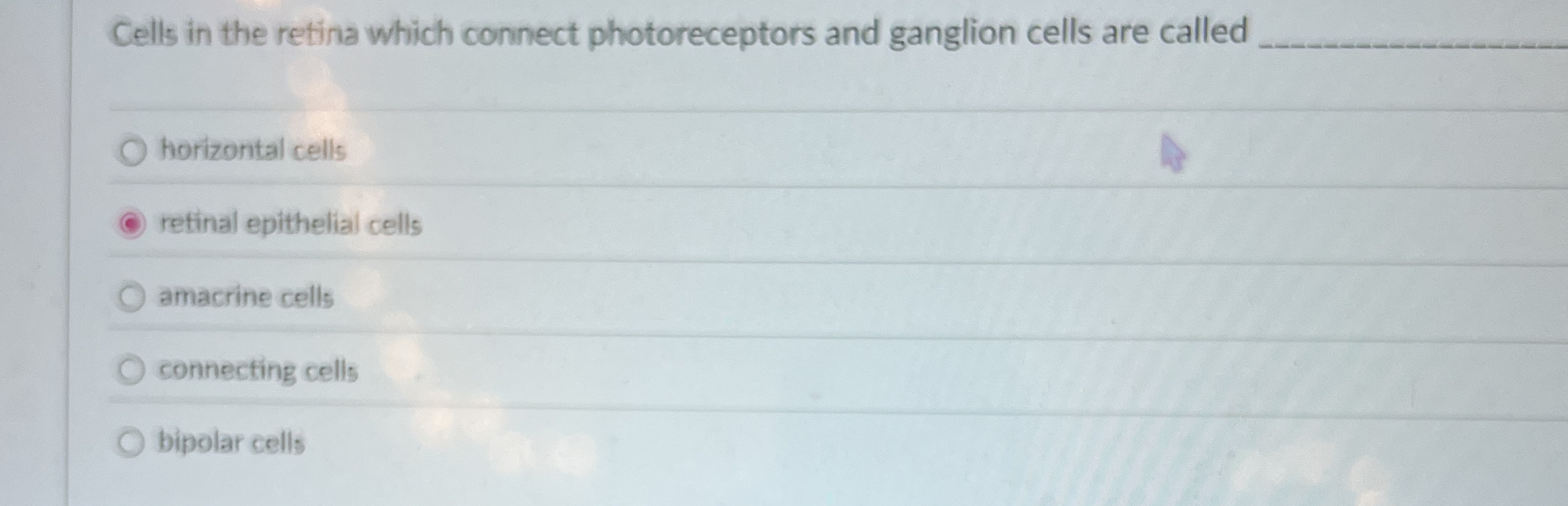 Solved Cells in the retina which connect photoreceptors and | Chegg.com
