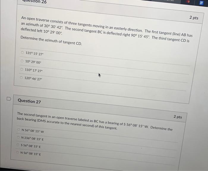 Solved An open traverse consists of three tangents moving in | Chegg.com