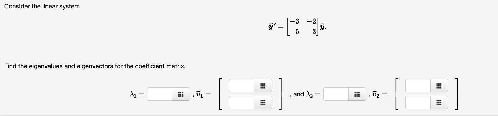 Solved Consider the linear systemvec(y)'=[-3-253]vec(y)Find | Chegg.com