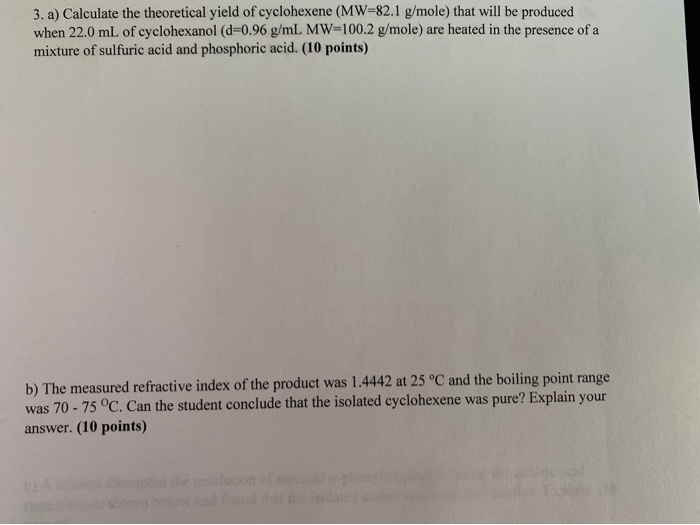 Solved 3. a) Calculate the theoretical yield of cyclohexene | Chegg.com