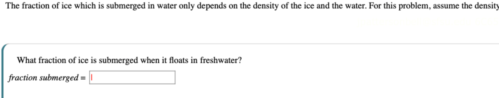 Solved The fraction of ice which is submerged in water only | Chegg.com