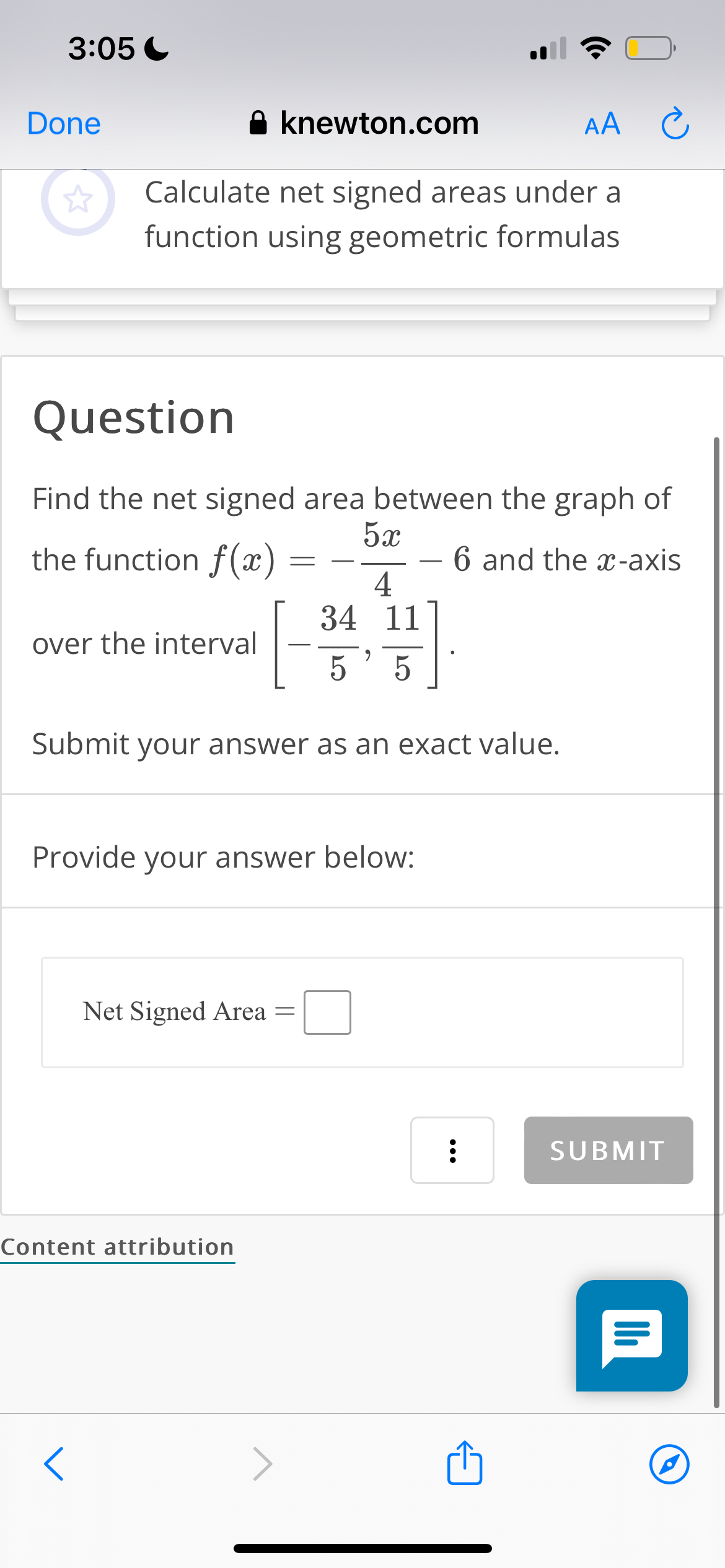 Solved 3:05Doneknewton.comCalculate net signed areas under a | Chegg.com