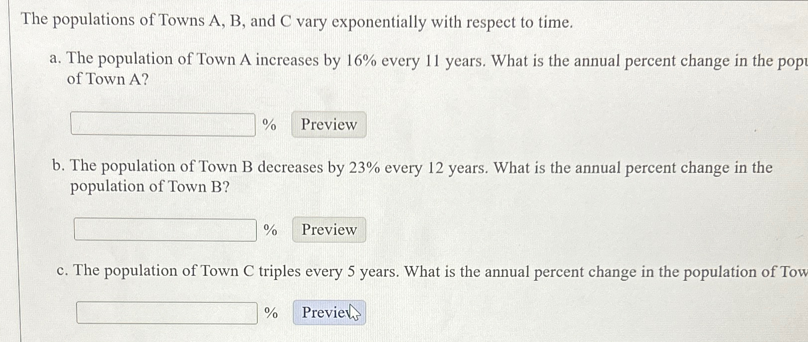 Solved The populations of Towns A, ﻿B, ﻿and C vary | Chegg.com