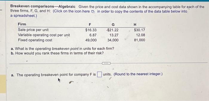 Solved Breakeven comparisons-Algebraic Given the price and | Chegg.com