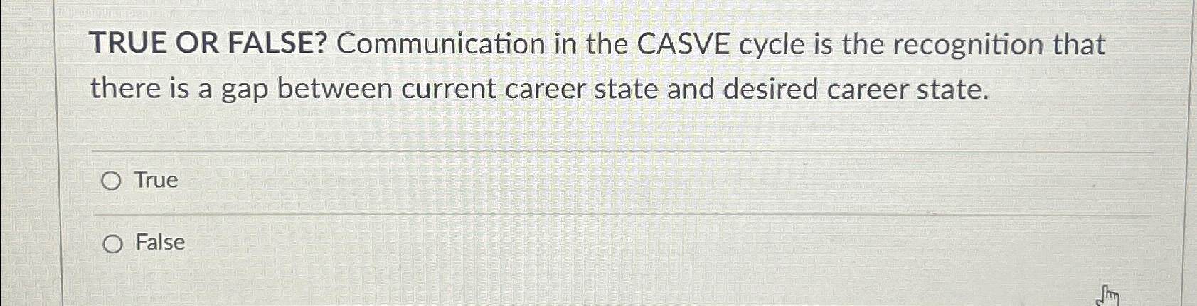 Solved TRUE OR FALSE? Communication in the CASVE cycle is | Chegg.com