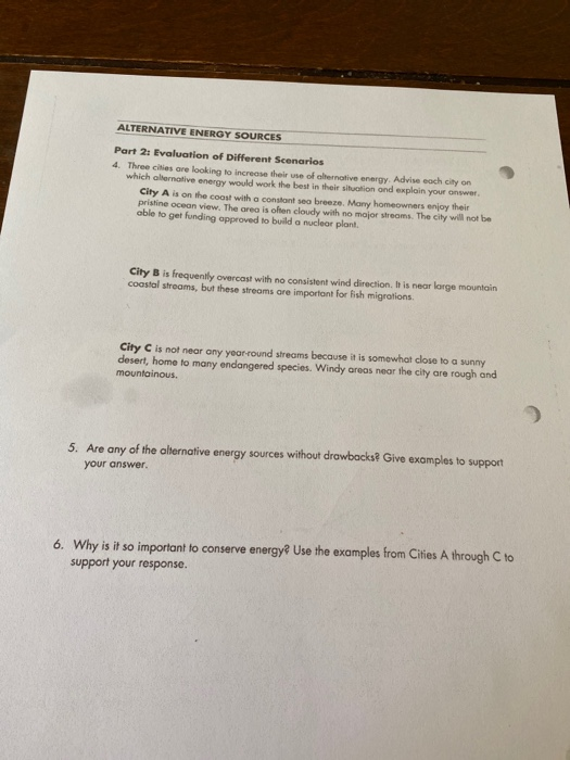 Solved ALTERNATIVE ENERGY SOURCES Part 2: Evaluation of | Chegg.com
