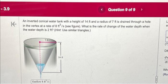 Solved An inverted conical water tank with a height of 14 ft | Chegg.com