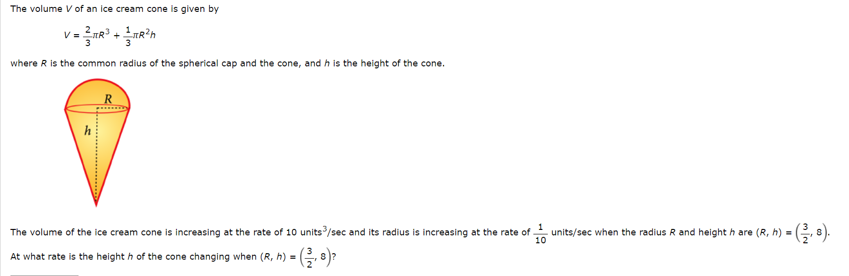 Solved The volume V ﻿of an ice cream cone is given | Chegg.com