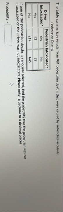 Solved The table summarizes results from 981 ﻿pedestrian | Chegg.com