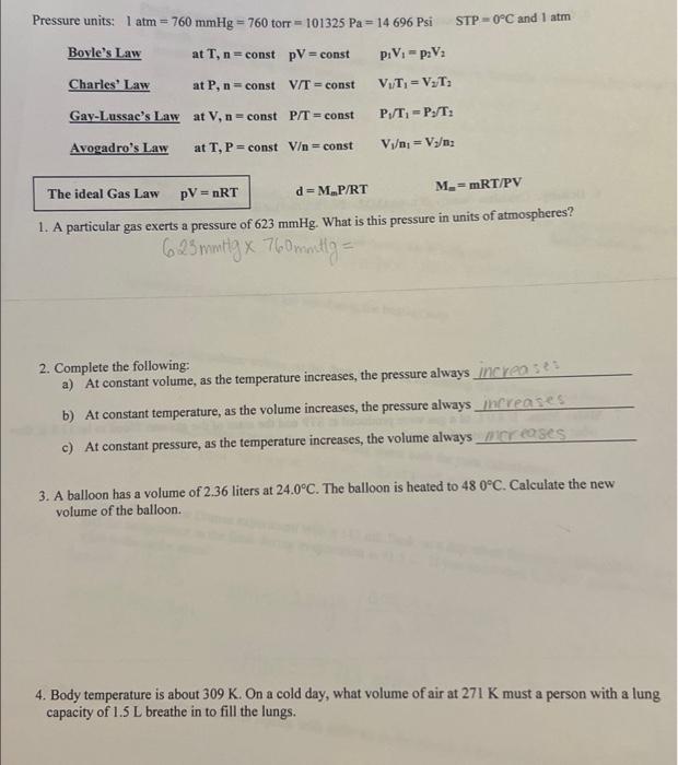 Solved Pressure units: 1 atm = 760 mmHg = 760 torr = 101325 | Chegg.com