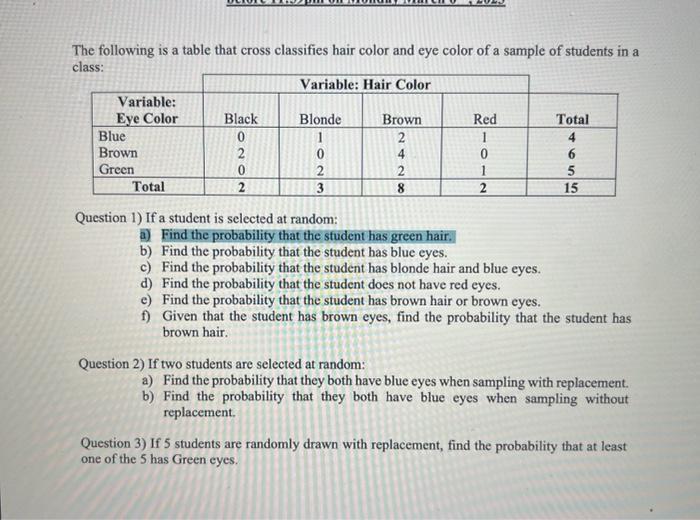 Solved The following is a table that cross classifies hair | Chegg.com