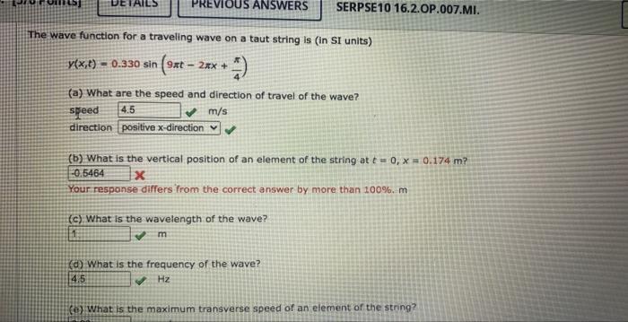 Solved The wave function for a traveling wave on a taut | Chegg.com