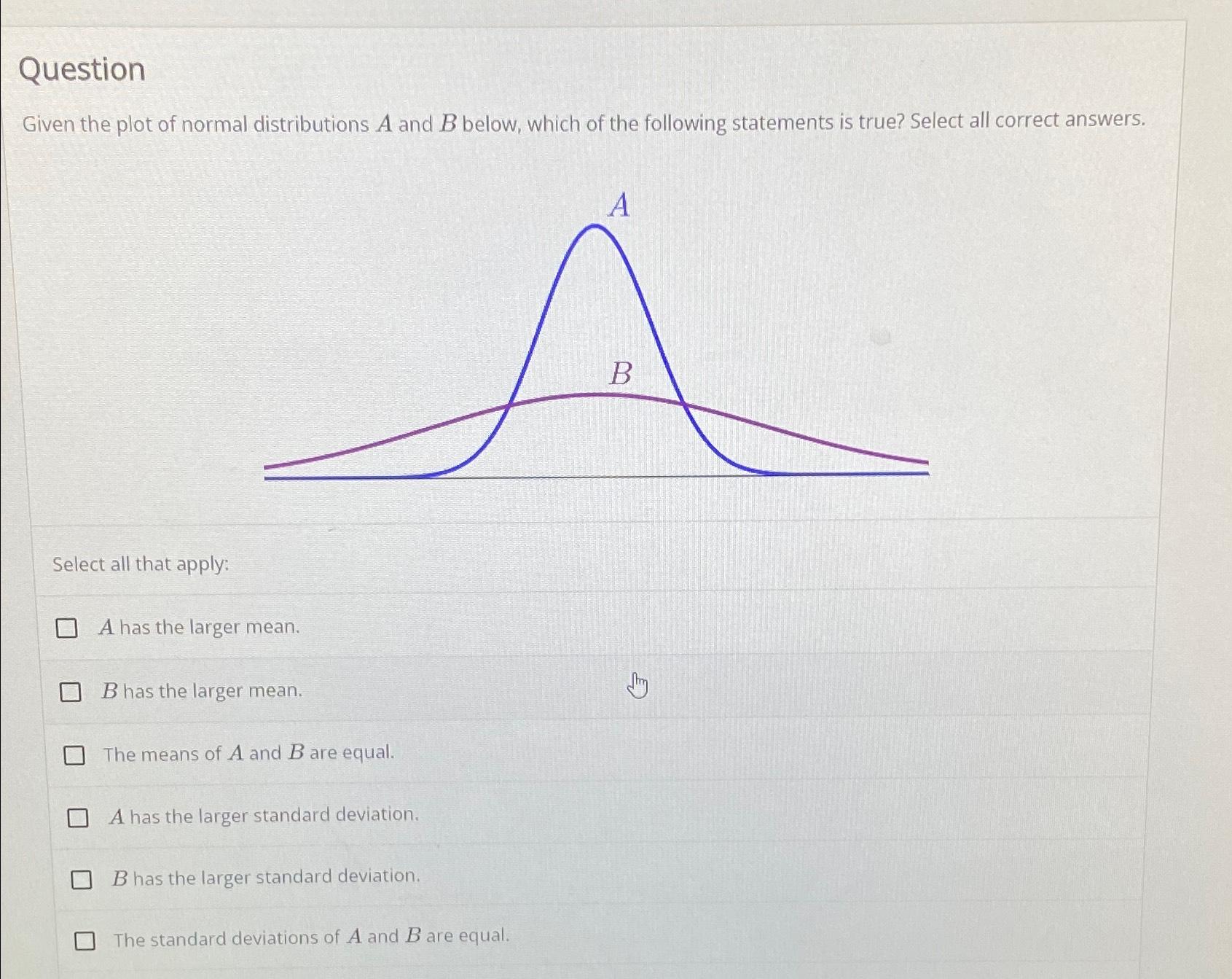 Solved QuestionGiven the plot of normal distributions A and | Chegg.com