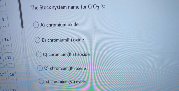 Solved The Stock system name for CrO3 is: 9 A) chromium | Chegg.com