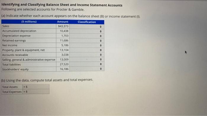 Solved Identifying and Classifying Balance Sheet and Income | Chegg.com