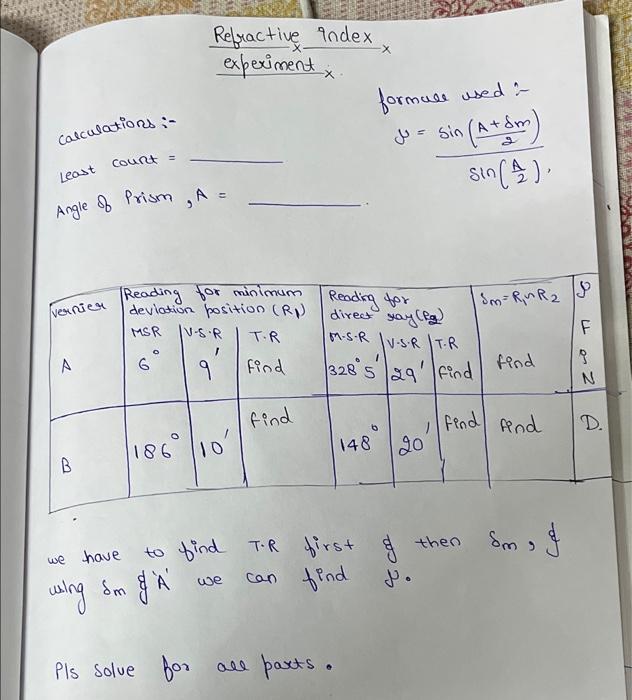 Solved Refractive index experiment calculations - formule | Chegg.com
