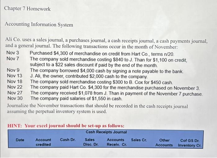 Solved Chapter 7 Homework Accounting Information System Ali | Chegg.com
