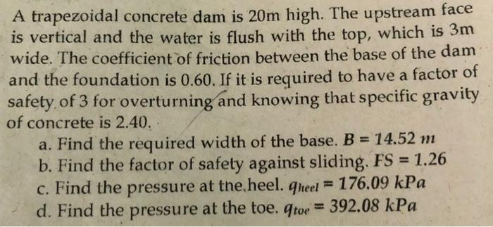 Solved A trapezoidal concrete dam is 20 m high. The upstream | Chegg.com