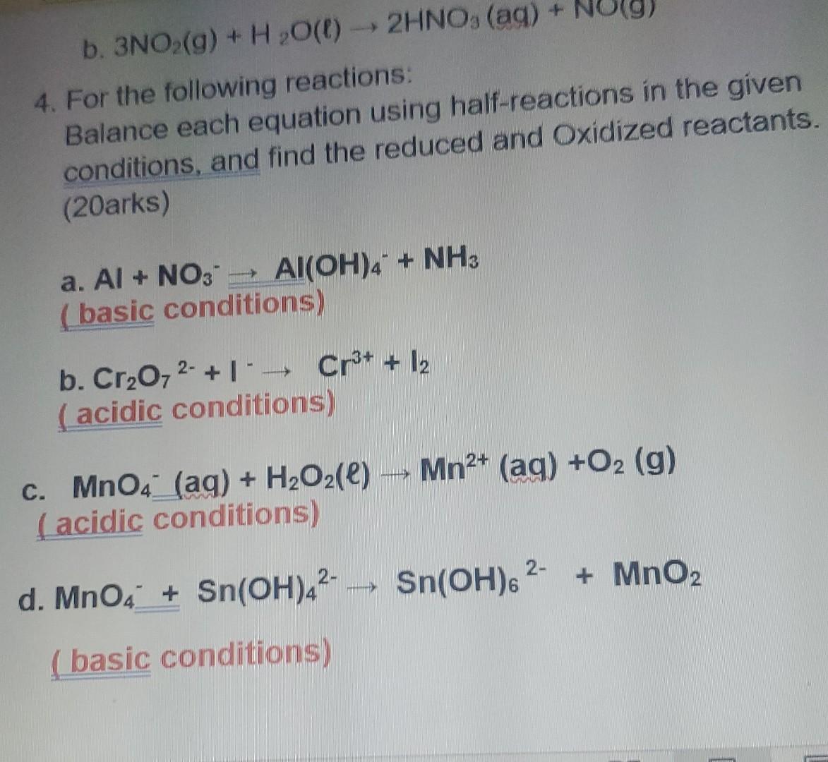 Solved b. 3NO2(g) + H 20(1) - 2HNO, (aq) + 4. For the | Chegg.com