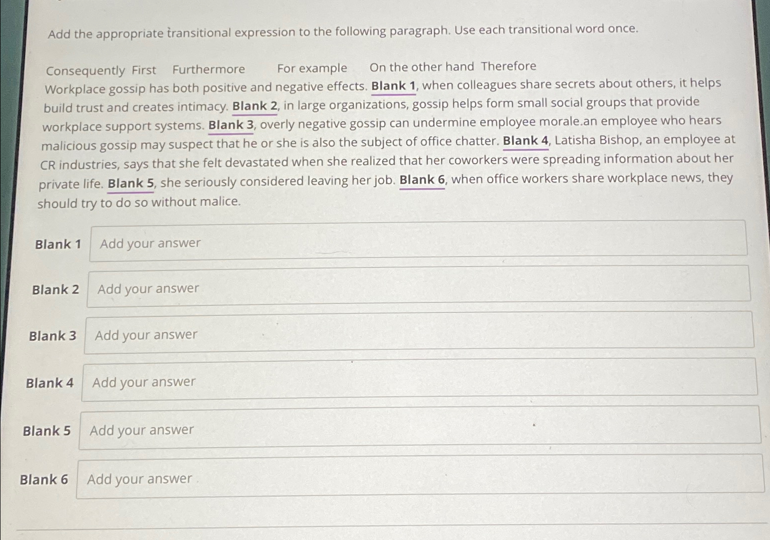 Solved Add the appropriate transitional expression to the | Chegg.com