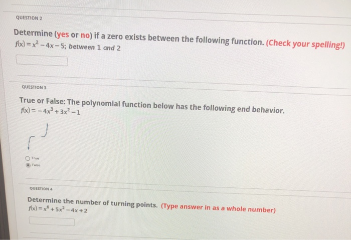 Solved QUESTION 2 Determine (yes or no) if a zero exists | Chegg.com