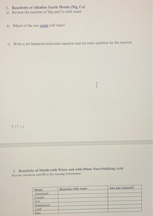 Solved 2. Reactivity of Alkaline Earth Metals (Mg, Ca) a) | Chegg.com
