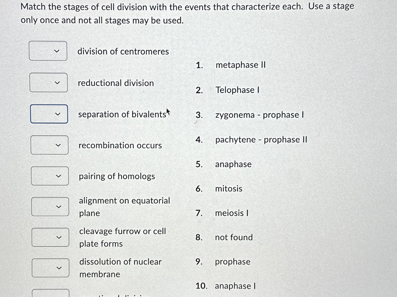 Solved Match the stages of cell division with the events | Chegg.com