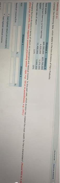 Solved CALCULATOR PRINTER VERSION Exercise 12-11 Consider | Chegg.com