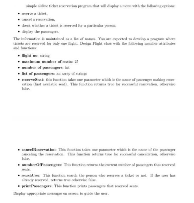 Solved simple airline ticket reservation program that will | Chegg.com