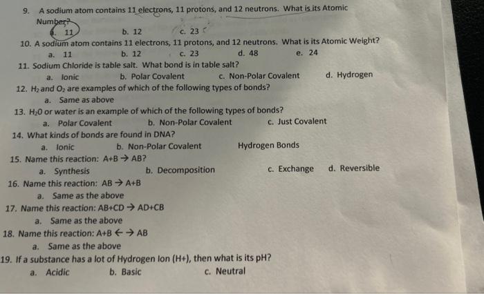 Solved 9. A sodium atom contains 11 electrons, 11 protons, | Chegg.com
