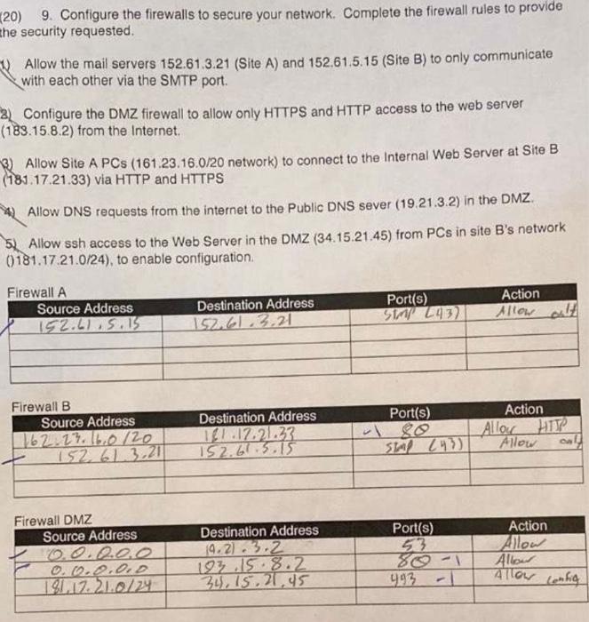 Solved 20) 9. Configure the firewalls to secure your | Chegg.com