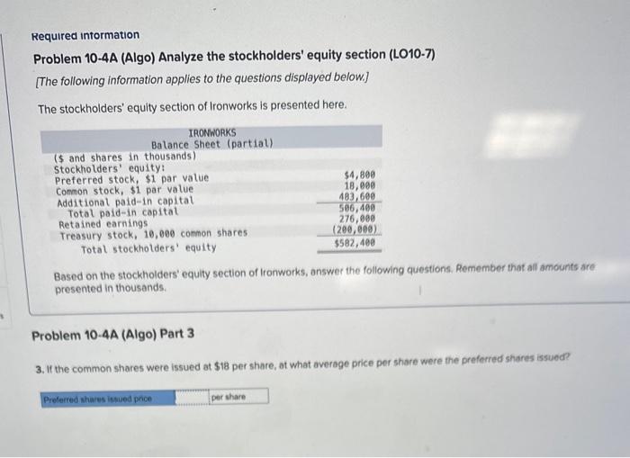 Solved Problem 10-4A (Algo) Analyze the stockholders' equity | Chegg.com