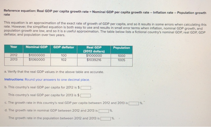 Solved Reference equation: Real GDP per capita growth rate = | Chegg.com