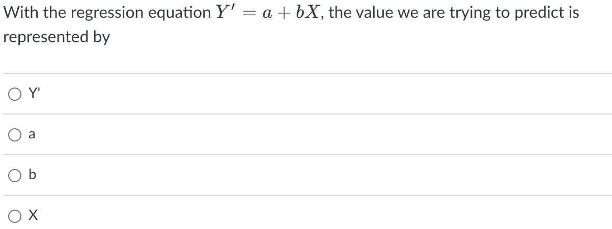 Solved With the regression equation Y'=a+bx, ﻿the value we | Chegg.com